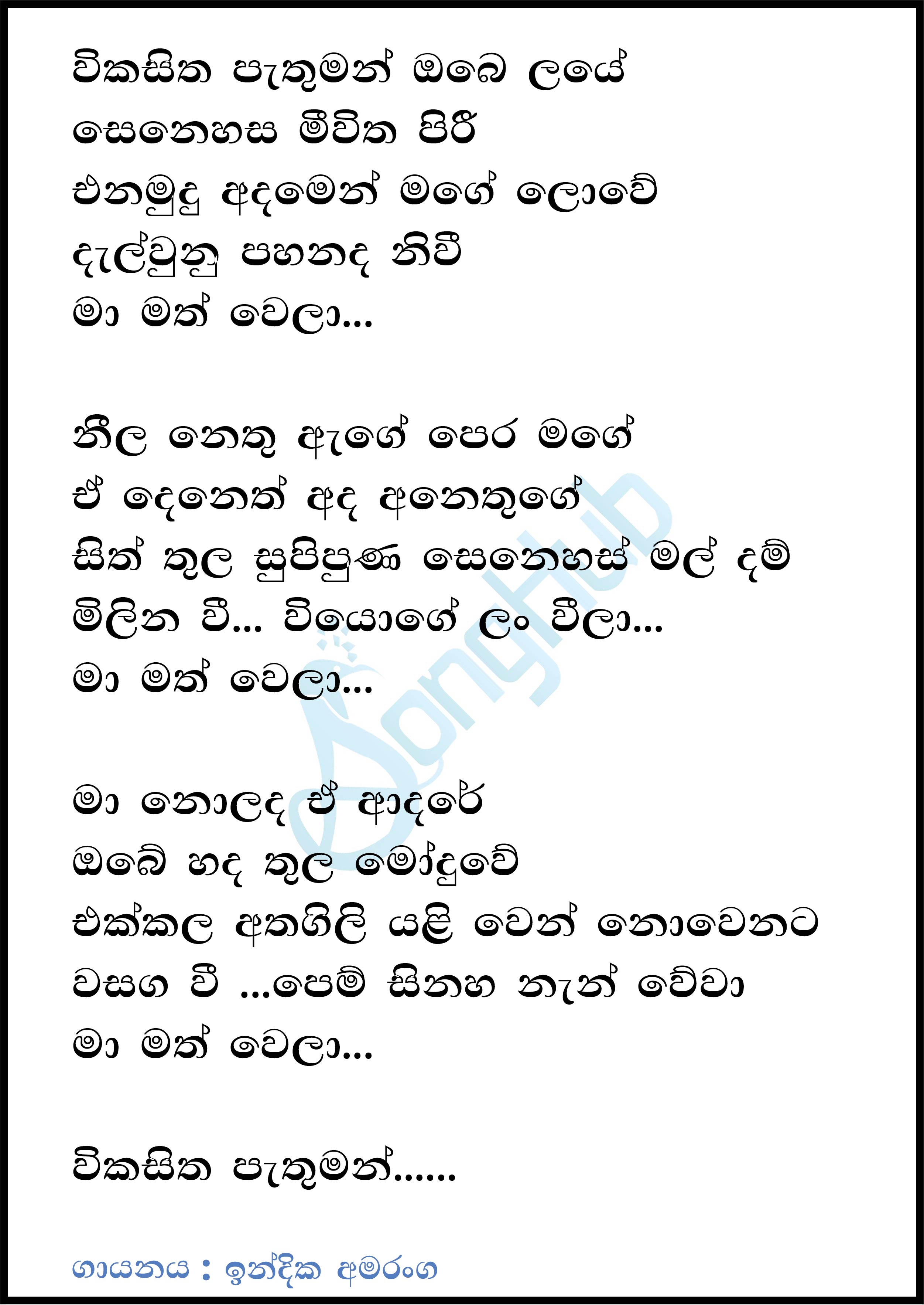 Wikasitha Pethuman (Sindu Kamare) Song Sinhala Lyrics
