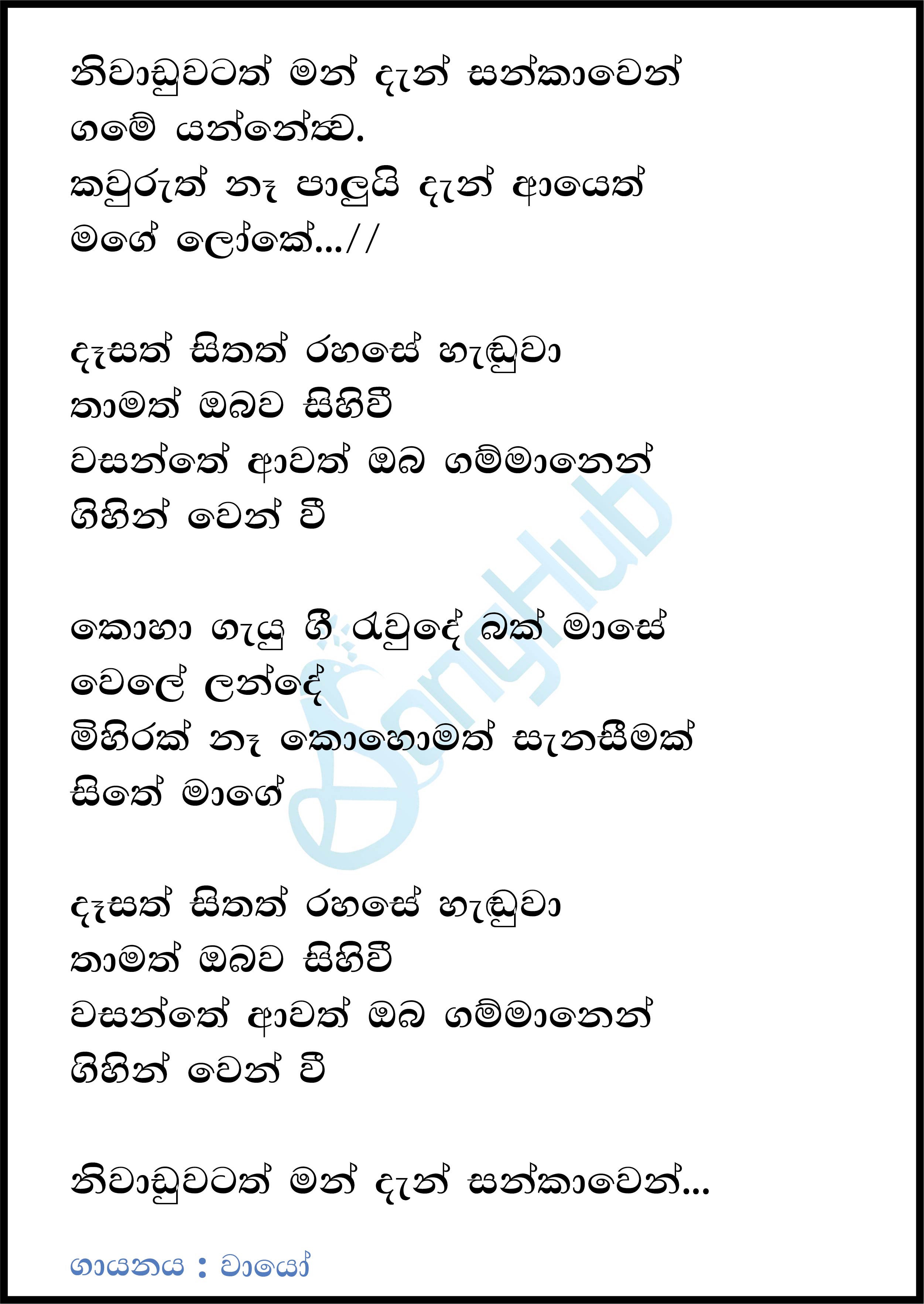 Niwaduwatath (Remix) Song Sinhala Lyrics