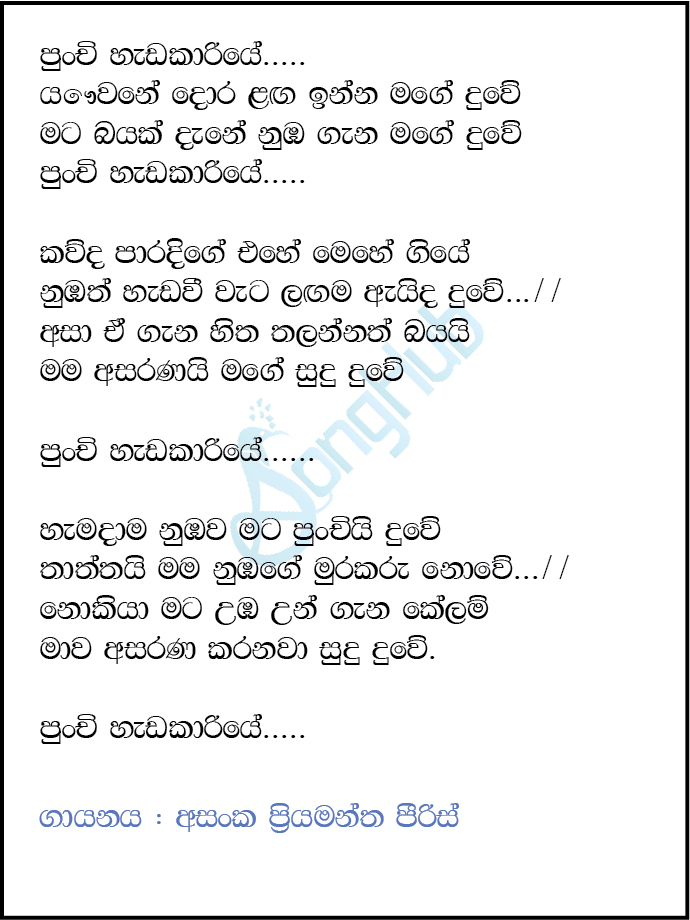Punchi Hadakariye Song Sinhala Lyrics